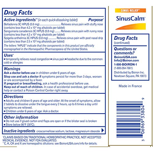 Boiron Sinuscalm Tablets for Sinus Pain Relief, Runny Nose, Congestion, Sinus Pressure, Headache - 120 Count (Pack of 1)