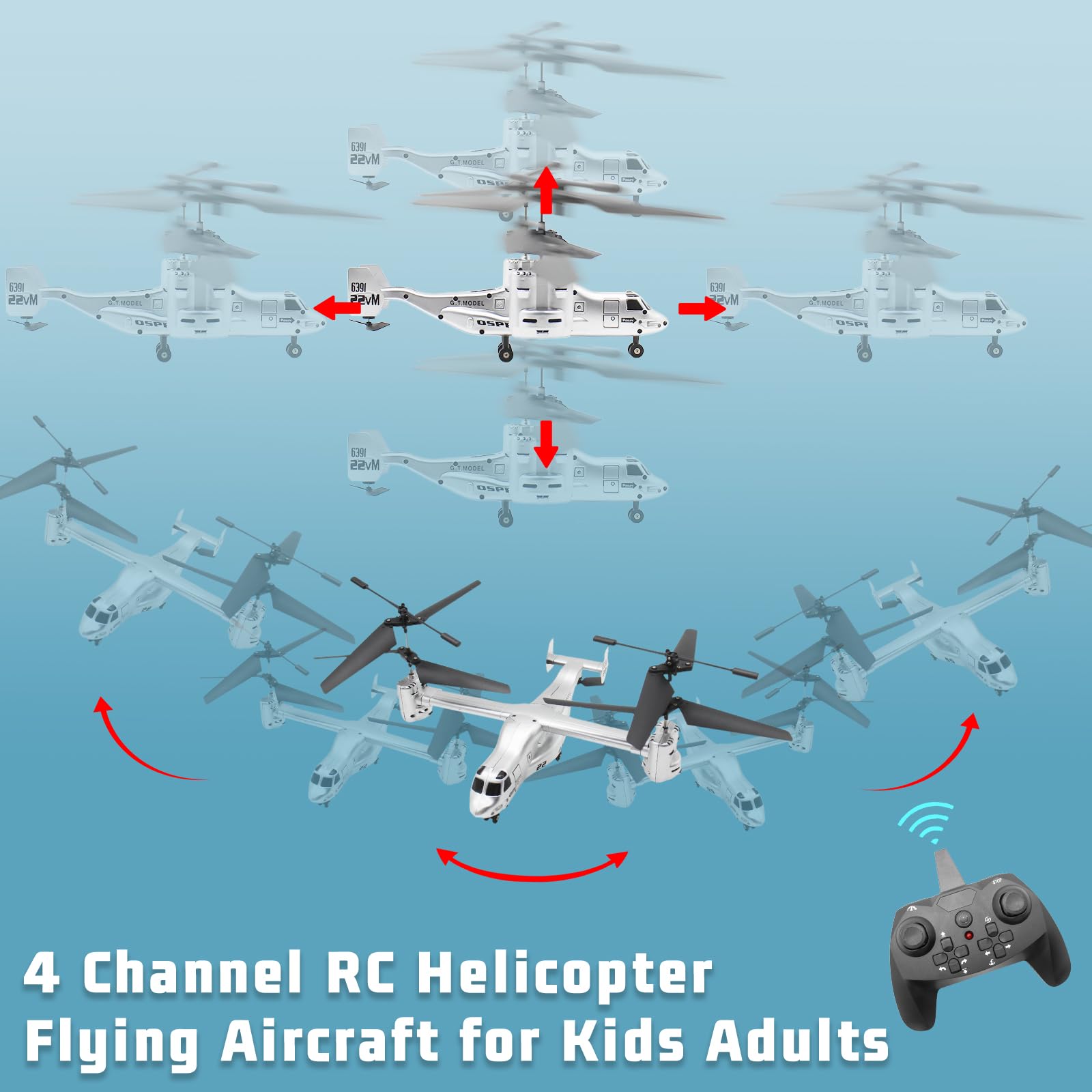 Leopmase V-22 RC Plane 4CH Remote Control Airplane, with Altitude Hold High & Low Speed and LED Light Ready to Fly,Two Batteries Stunt Flying Toy for Beginners Adults Kids