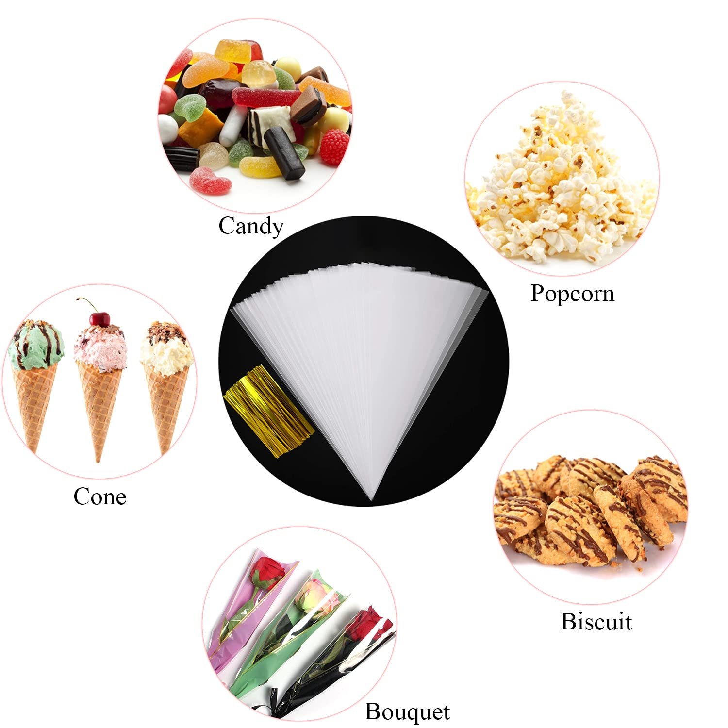 100 Pcs Cone Shaped Bags 7.1" X 14.6" Clear Cone Bags Popcorn Cone Bags for Treat Candy with 100 Twist Ties