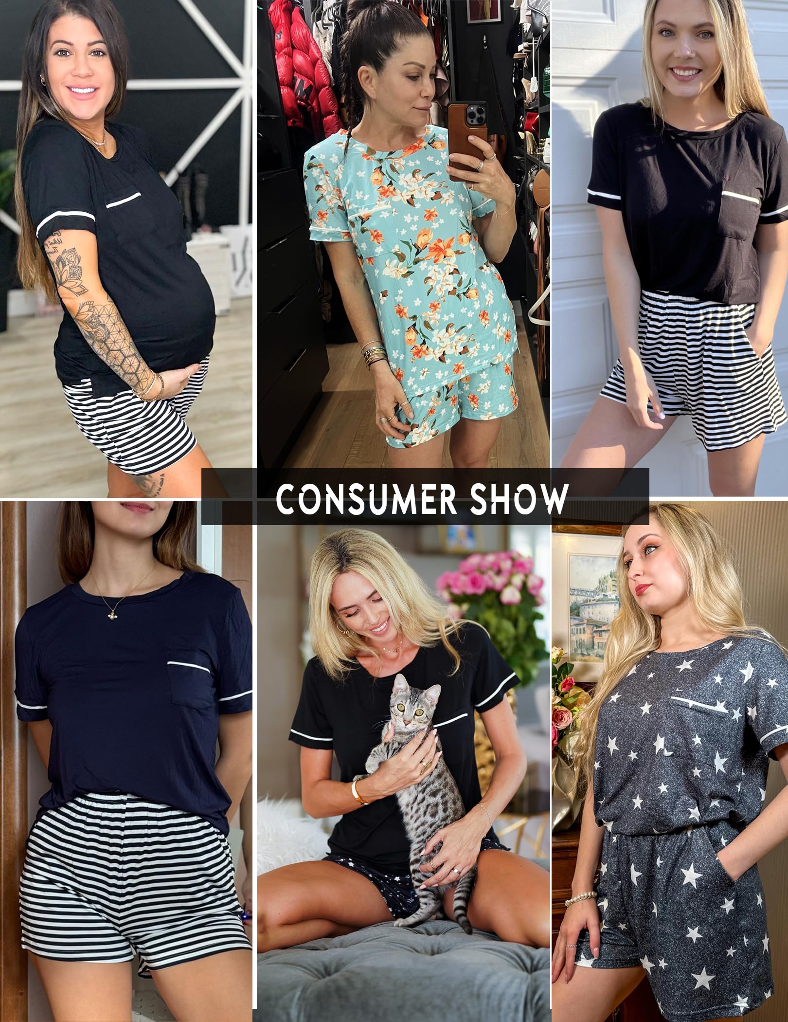Ekouaer Womens Pajamas Sets Shorts 2 Piece Short Sleeve Lounge Sets Sleepwear Soft Pjs with Pockets Black