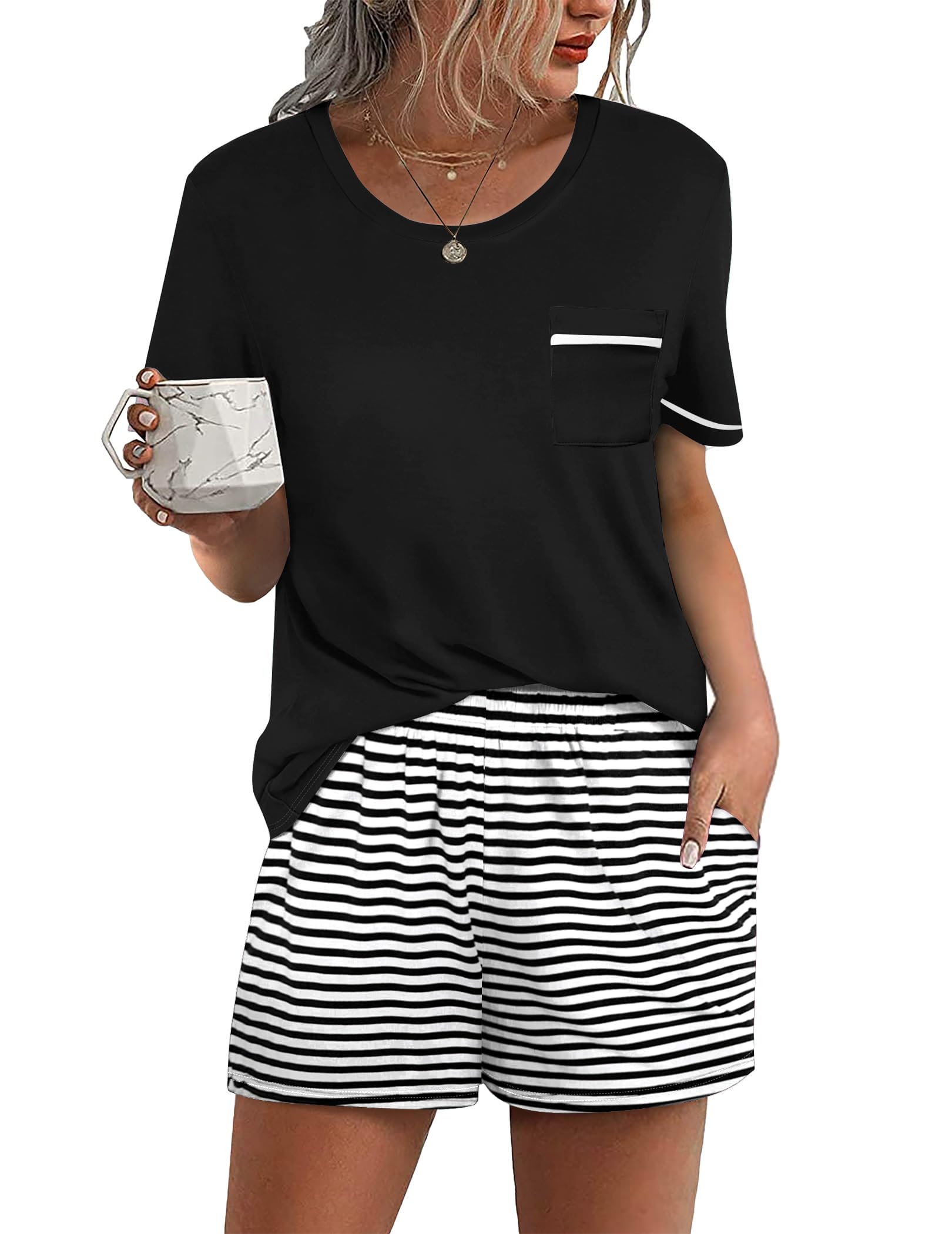 Ekouaer Womens Pajamas Sets Shorts 2 Piece Short Sleeve Lounge Sets Sleepwear Soft Pjs with Pockets Black