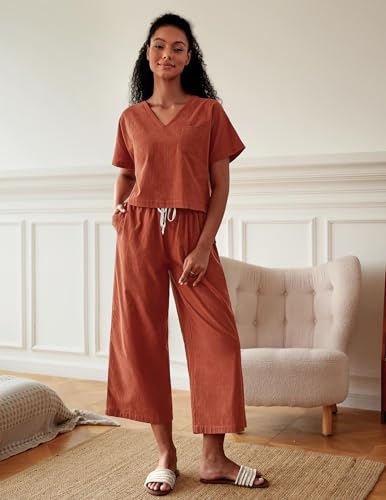 Ekouaer Women's 100% Cotton Linen Lounge Set Short Sleeve Top Wide Leg Pant Pajama Set Outfits,Clay,X-Large