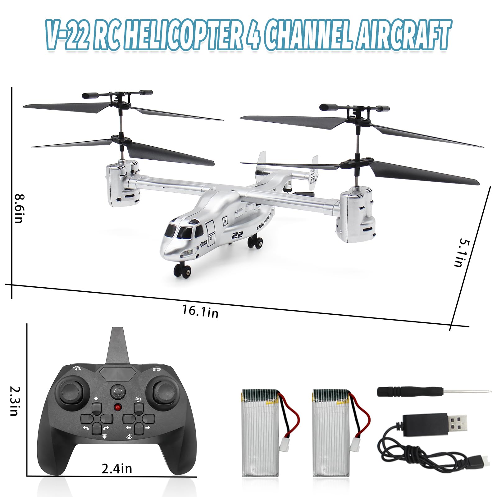 Leopmase V-22 RC Plane 4CH Remote Control Airplane, with Altitude Hold High & Low Speed and LED Light Ready to Fly,Two Batteries Stunt Flying Toy for Beginners Adults Kids