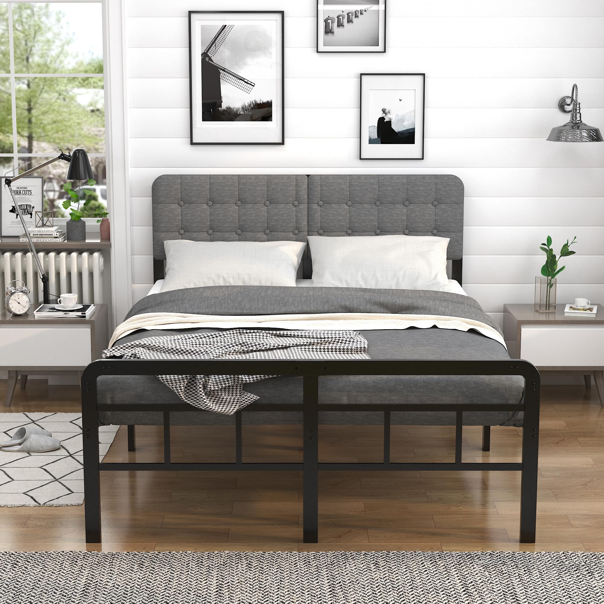 EMODA 16 Inch California King Bed Frames with Upholstered Headboard and Metal Footboard, Heavy Duty Metal Slats Support Mattress Foundation, No Box Spring Needed, Easy Assembly