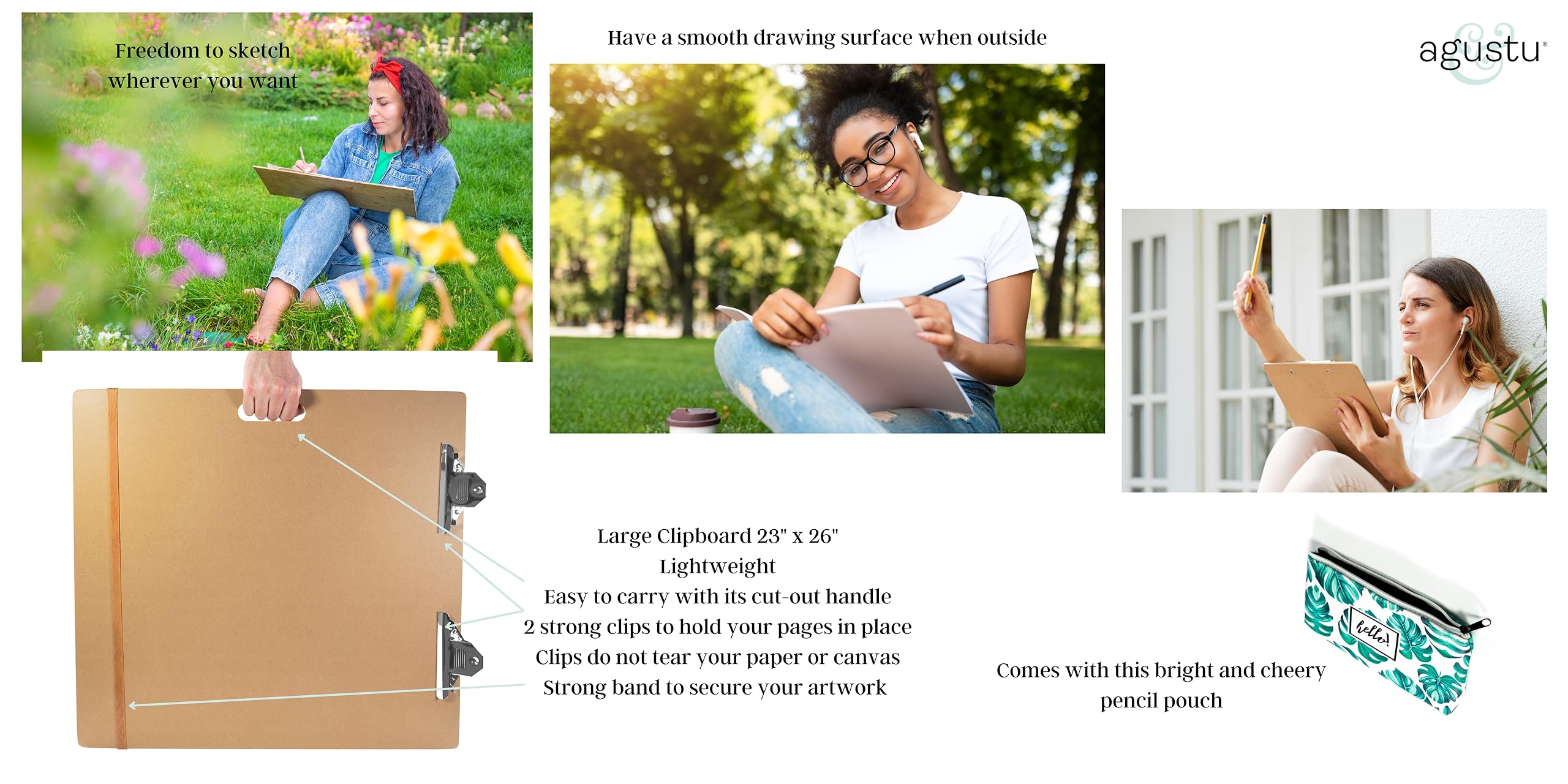 Agustu Artist Sketch Clipboard - 23 inch x 26 inch Drawing Board - for Field Trips, Classroom or Studio - Easy Grip Lightweight Smooth Large Drawing Board with Clips - Complete with Pencil Pouch