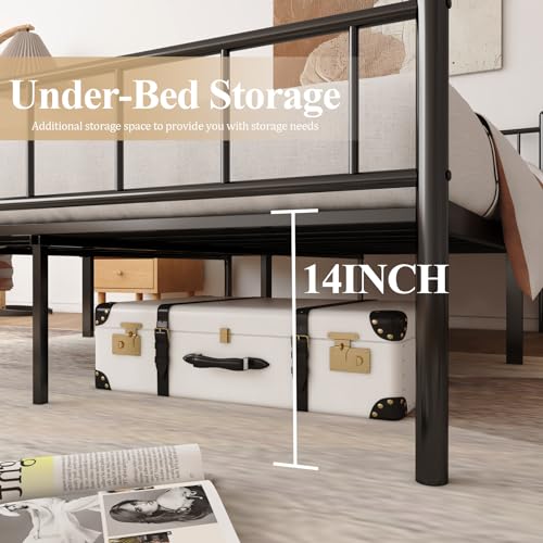 Mavesmog 14 inch California King Size Bed Frame Metal Platform Mattress Foundation with headboard Footboard，No Box Spring Needed/Under Bed Storage/Easy Assembly，Black