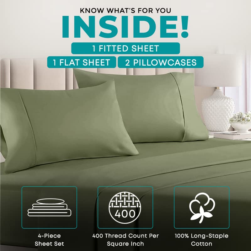 Feather & Stitch King Size Sheet Set, 100% Cotton 400TC Sateen Weave BedSheet Set of 4, Upto 15" Elastic Deep Pocket Soft Bedding Mattress Sheet, Sage