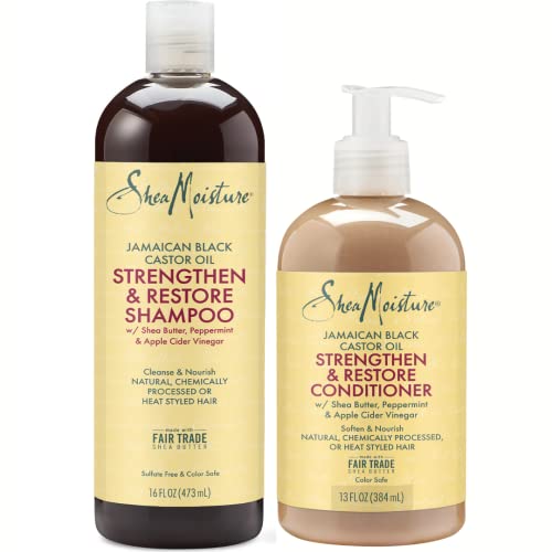 Shea Moisture Shampoo and Conditioner Set, Jamaican Black Castor Oil Strengthen & Restore, 16 Fl Oz Shampoo & 13 Fl Oz Conditioner, Shea Butter, Peppermint & Apple Cider Vinegar, Sulfate Free 