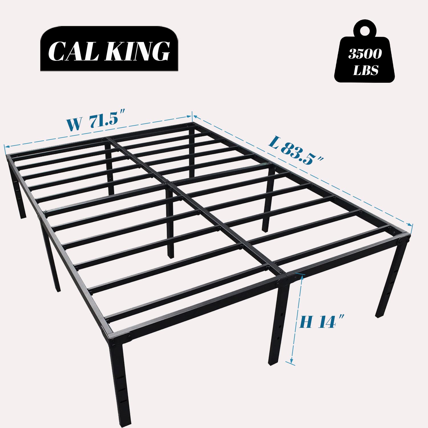 Chezisam California King Bed Frames 14" High Heavy Duty Metal Platform Bed 3500lbs Cal King Size Mattress Base with Underbed Storage Space No Box Spring Needed Easy Assembly Noiseless