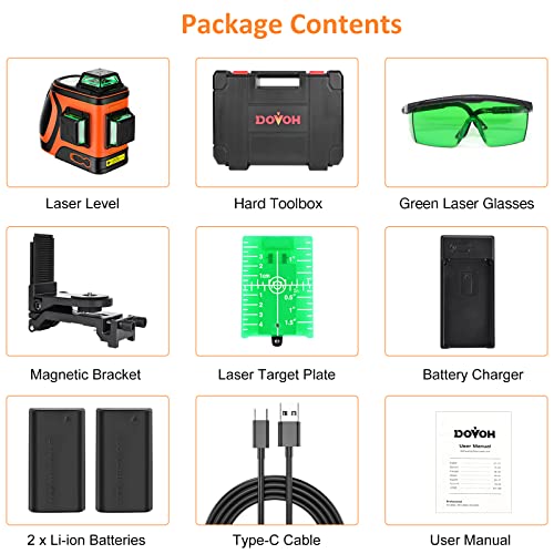 DOVOH High Visibility Laser Level Outdoor: Heavy Duty 3x360° Self Leveling Laser Levels for Construction Up To 197ft Long Range 110mw Diodes Green 12 Line Laser Leveler 3D Rechargeable, H3-360G