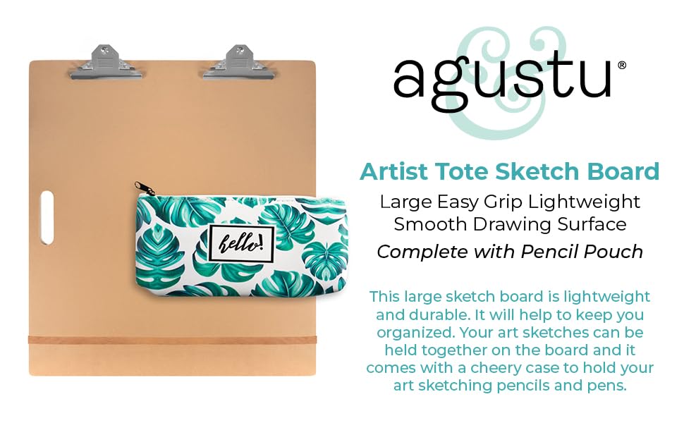 Agustu Artist Sketch Clipboard - 23 inch x 26 inch Drawing Board - for Field Trips, Classroom or Studio - Easy Grip Lightweight Smooth Large Drawing Board with Clips - Complete with Pencil Pouch