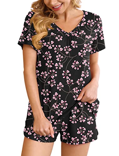 POKWAI Womens Pajama Sets Shorts Summer Soft Pj Set Ladies Pajamas 2 Piece Sleepwear(Flower Gypsophila Black,Large)