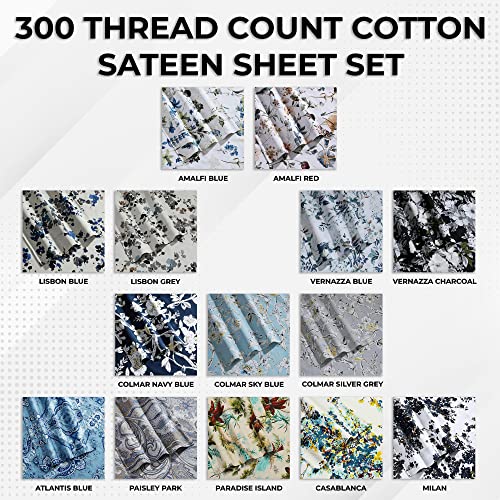 Tribeca Living King Bed Sheet Set, 300 Thread Count Soft Cotton Sateen, Floral Print with Extra Deep Pockets, 4-Piece Bedding Set, Casablanca/Multi