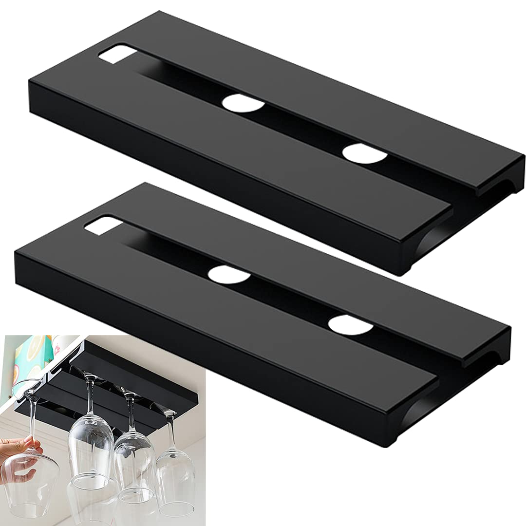 NIYUPE Wine Glass Rack plastic - Under Cabinet Stemware Wine Glass Holder Glasses Storage Hanger,For storage of goblets, wine glasses,2 Pack Bar Kitchen Hanger,black