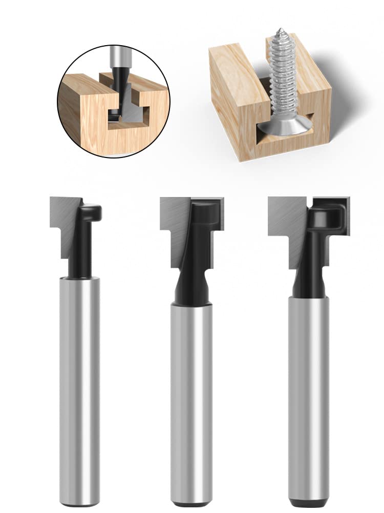 Keyhole Router Bits Set, T-Slot Bolts Keyhole bit, T Track Router bit, for Wood T-Track Slotting Wood Router Tool, (1/4 in Shank, 5/16 3/8 1/2 Inch Blade Diameter, 3Pcs)