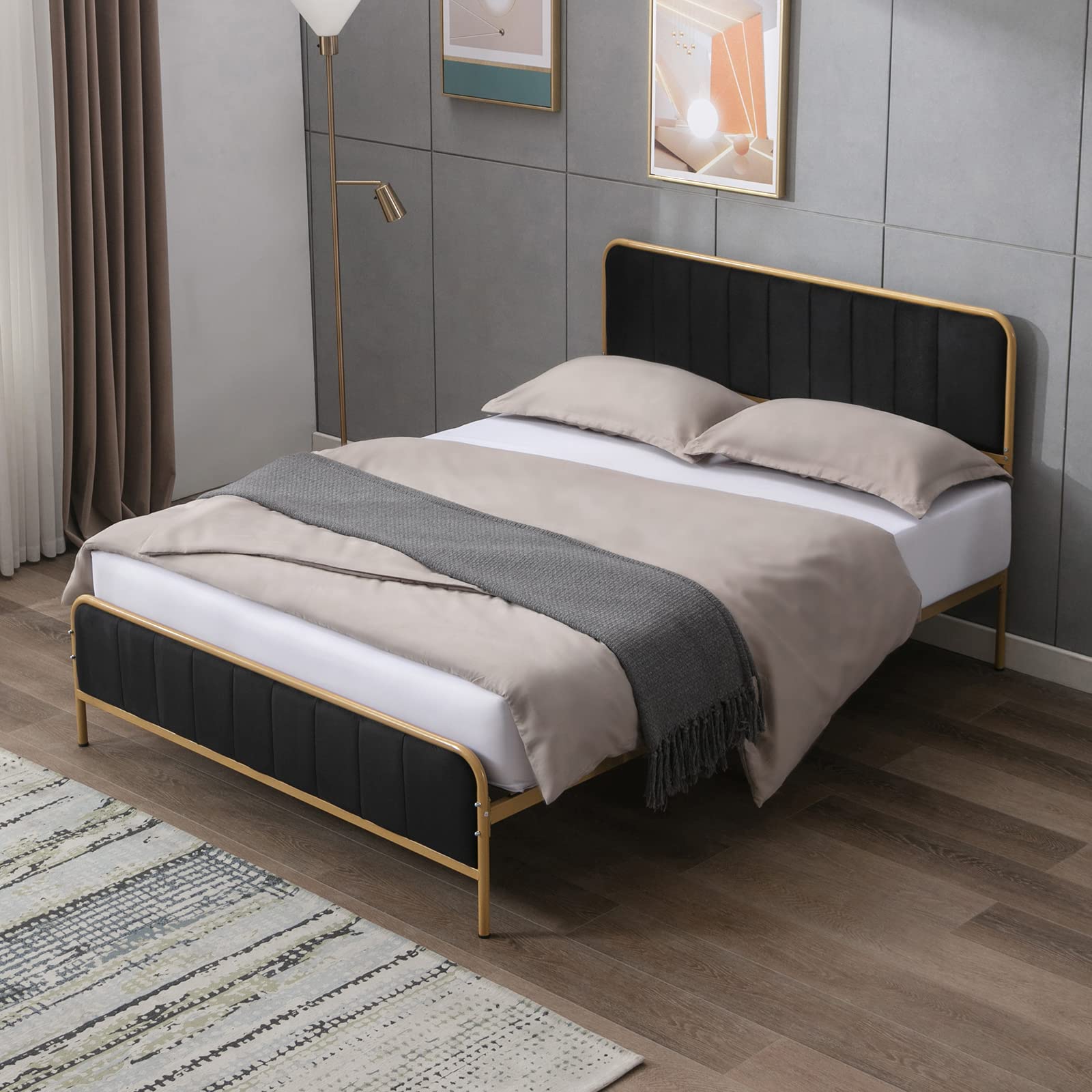 Mjkone California King Size Metal Platform Bed Frame with Dutch Velvet Headboard, Clearance Bed Frame Upholstered Headboard, Metal Strip Support, No Box Spring Needed, Black
