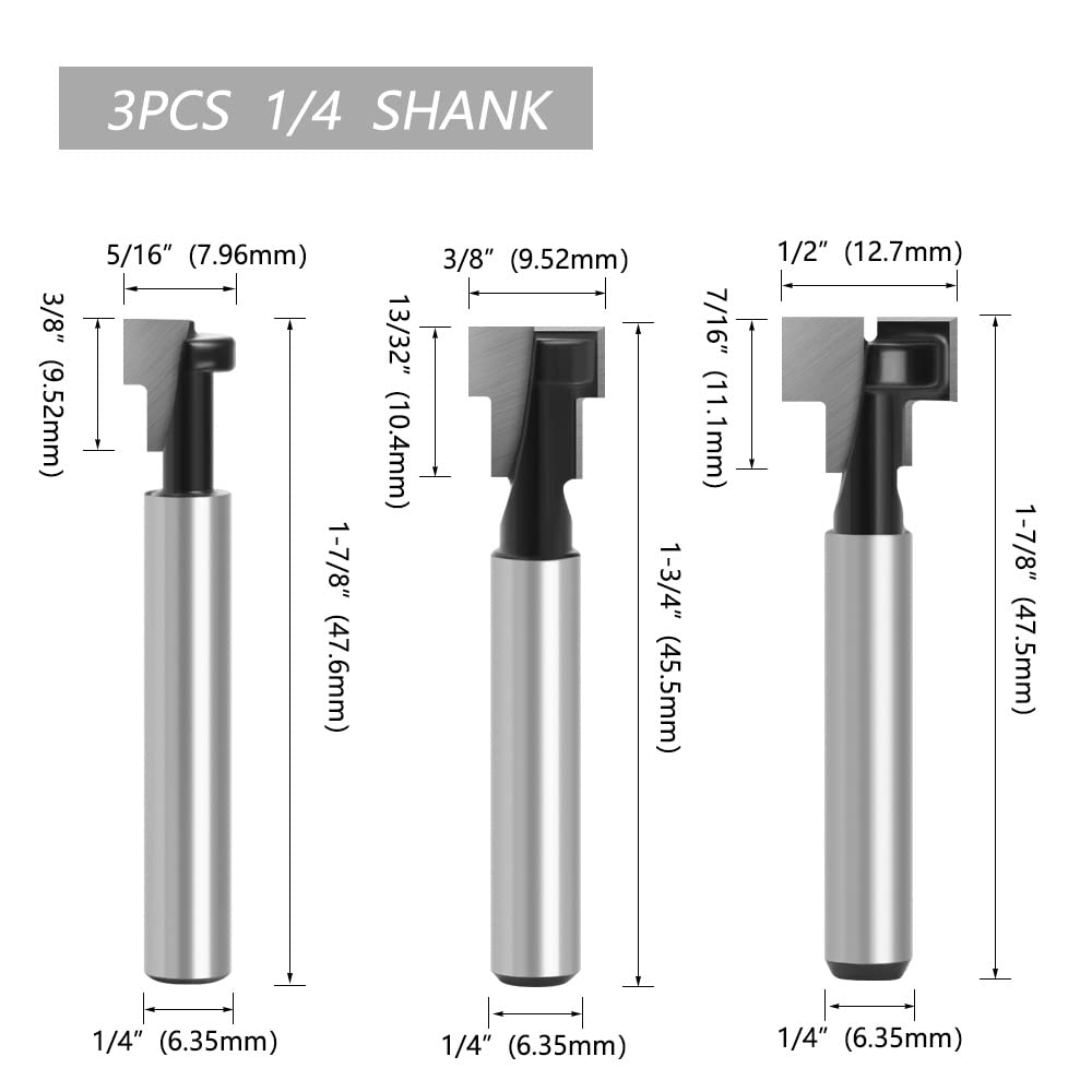 Keyhole Router Bits Set, T-Slot Bolts Keyhole bit, T Track Router bit, for Wood T-Track Slotting Wood Router Tool, (1/4 in Shank, 5/16 3/8 1/2 Inch Blade Diameter, 3Pcs)