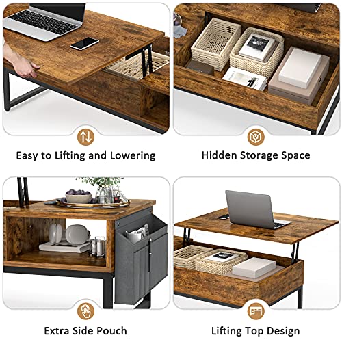Aheaplus Lift Top Coffee Table with Storage, Wood Lifting Top Central Table Metal Frame, 43.3" Lift Tea Table with Side Pouch, Cocktail Table Modern Pop up Adjustable Table for Living Room