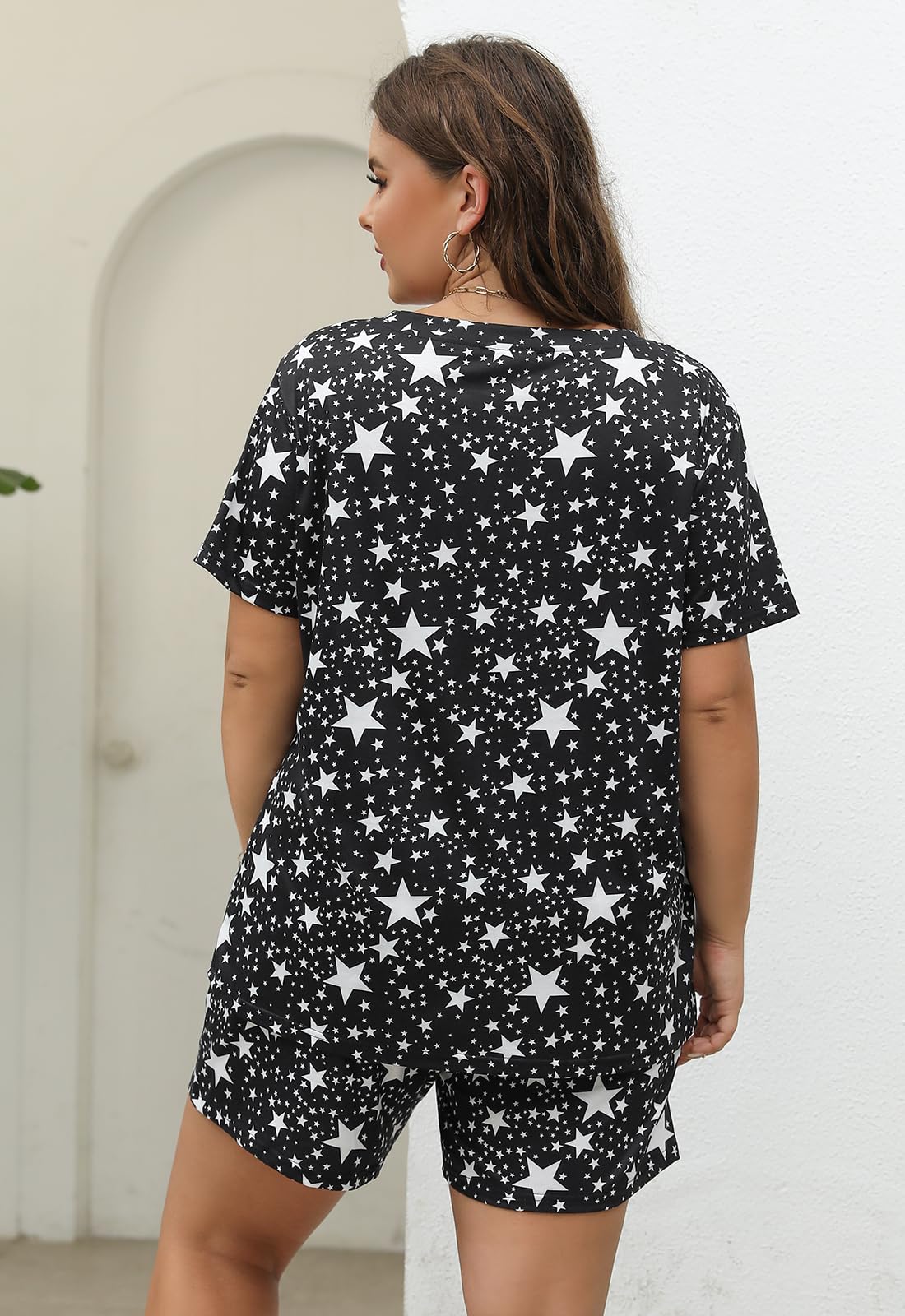 Celkuser Women's Plus Size 2-Piece Pajama Set Comfy Loungewear with Pockets Soft & Cozy Sleepwear for Women (109Blackstarx 4XL)