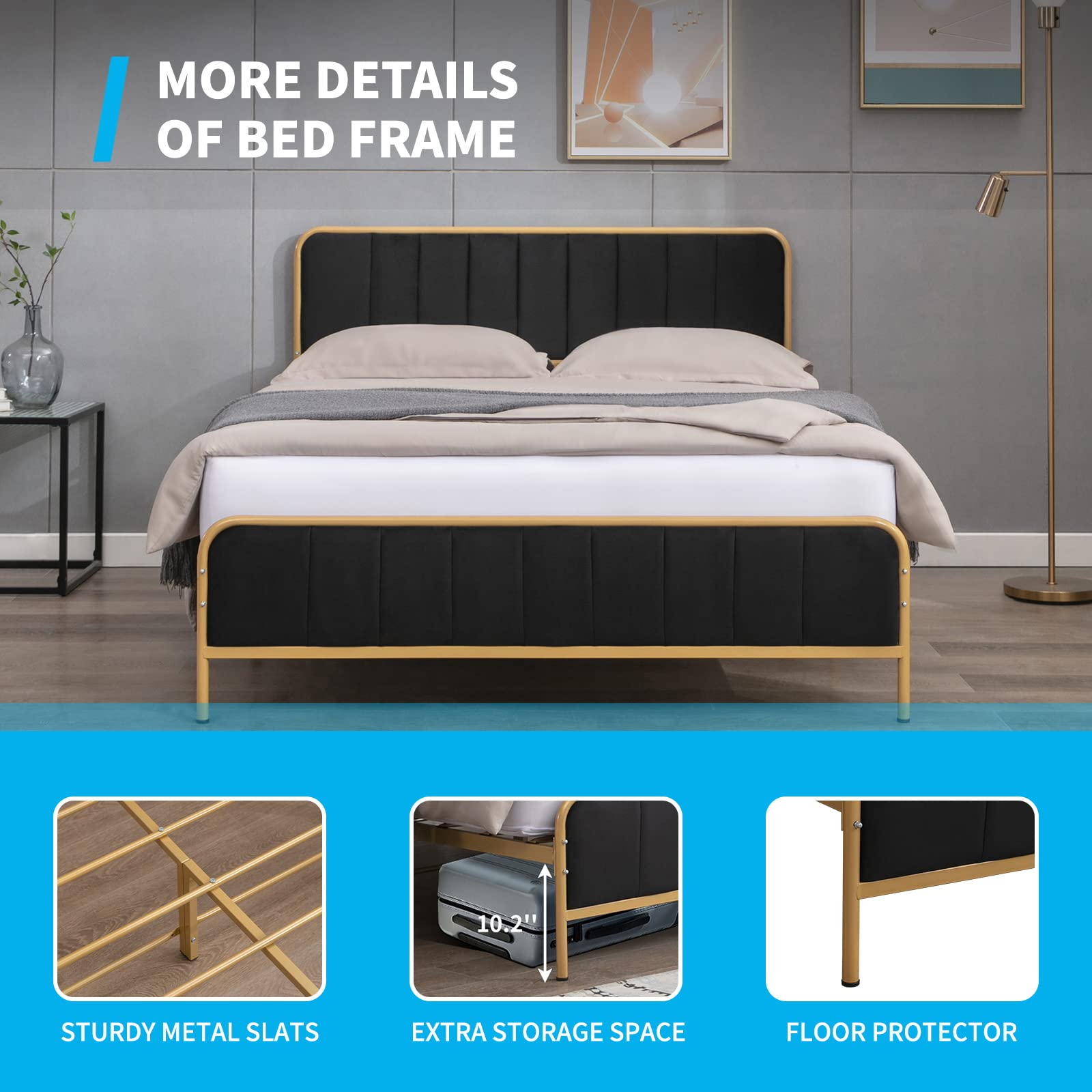 Mjkone California King Size Metal Platform Bed Frame with Dutch Velvet Headboard, Clearance Bed Frame Upholstered Headboard, Metal Strip Support, No Box Spring Needed, Black