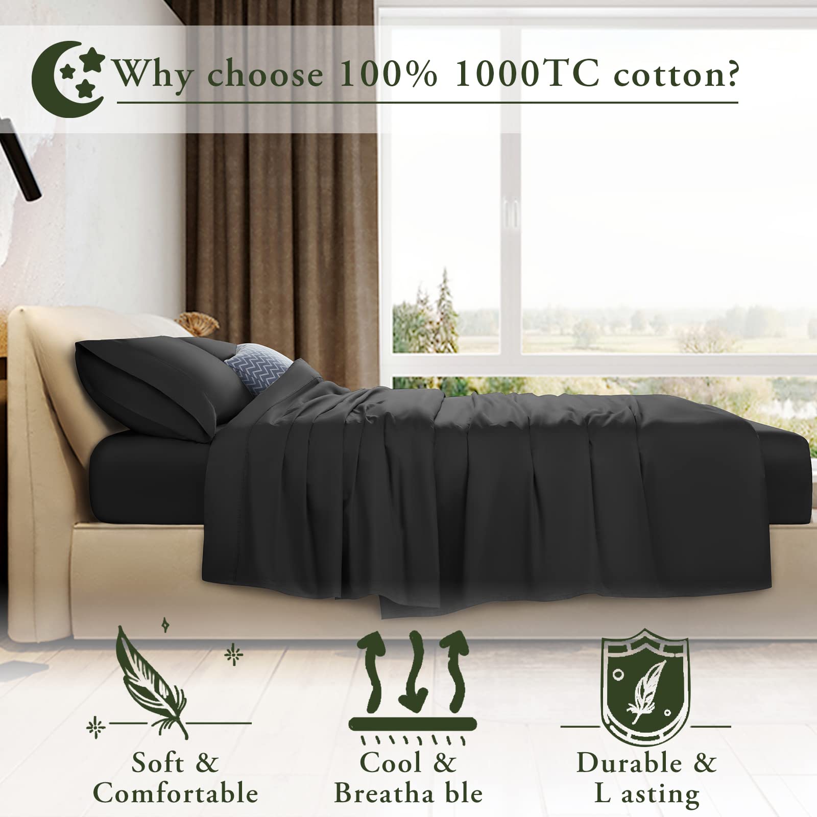 LBRO2M 1000 Thread Count 100% Cotton California King Size Sheets Set,Bed Sheet 4 Piece Sets,16 inches Deep Pocket,Bedding Super Soft Breathable,Sateen Weave Long Staple Comforterble,All Season,Black