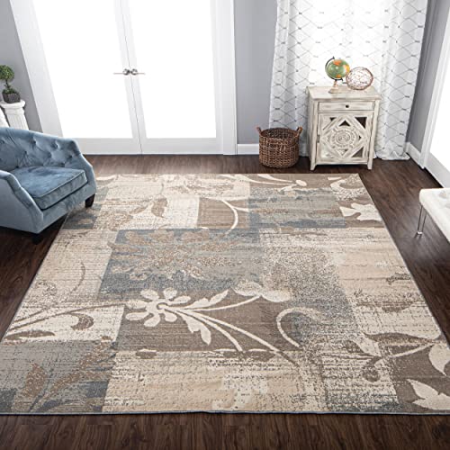 SUPERIOR Indoor Area Rug with Jute Backing, Perfect for Living Room, Hallway and Bedroom. Hardwood Floor Decoration Pastiche Contemporary Floral Patchwork Carpet, 8' X 10', Ivory