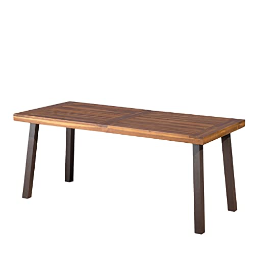 Christopher Knight Home Della Acacia Wood Dining Table, Natural Stained with Rustic Metal & Carlisle Outdoor Acacia Wood and Rustic Metal Bench, Sandblast Finish/Rustic Metal