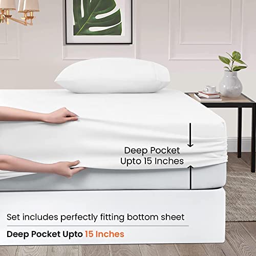 Kotanza Bedding 600TC 100% Egyptian Cotton Sheets-Extra Long-Staple Cotton Sheets for Kids & Adults, Fits Mattress Upto 15'' Deep Pocket, Sateen Weave, Cotton 4PC Sheets Set - (White,King)