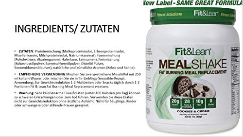 Fit & Lean Meal Shake Meal Replacement with Protein, Fiber, Probiotics and Organic Fruits & Vegetables, Cookies and Cream, 1lb, 10 Servings Per Container