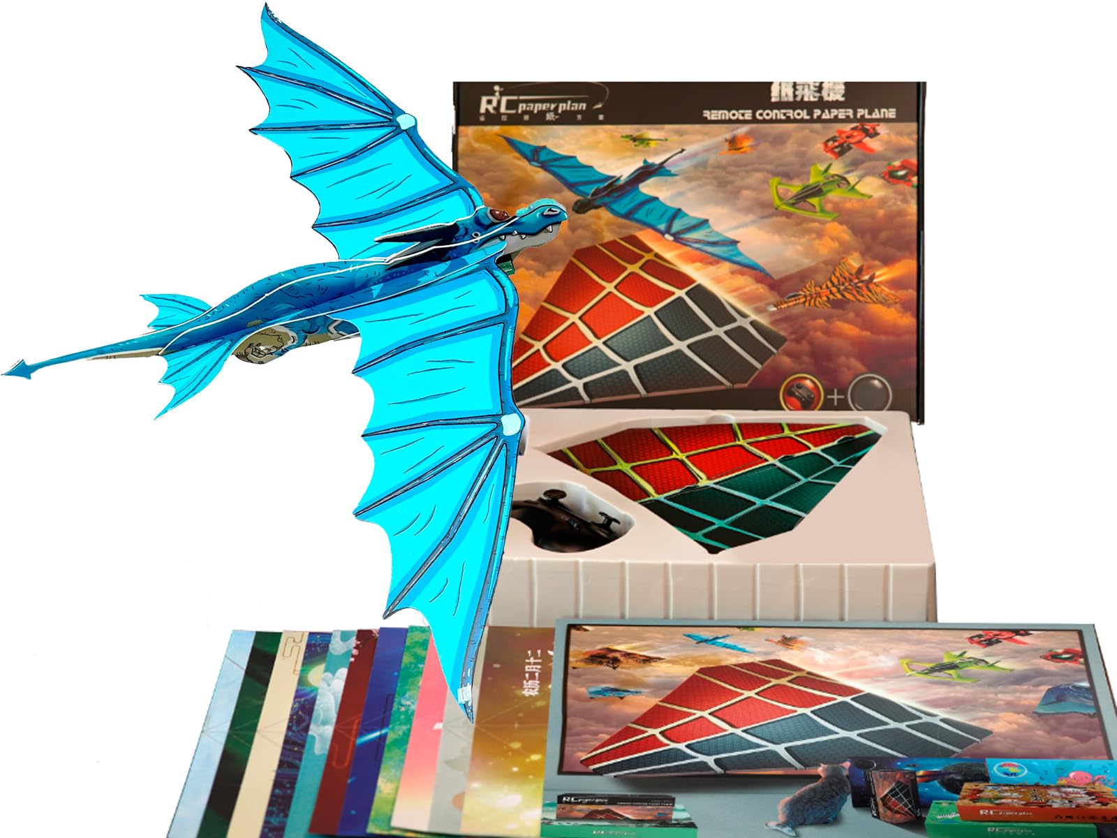 FLYCOLOR Rc Paper Airplane 2.4Ghz 3 Channel Remote Control,DIY RC Aircraft Plane,Ready to Fly with 10 Paper Airplane Templates for Beginners and Hobbyists(Dragon Kit)