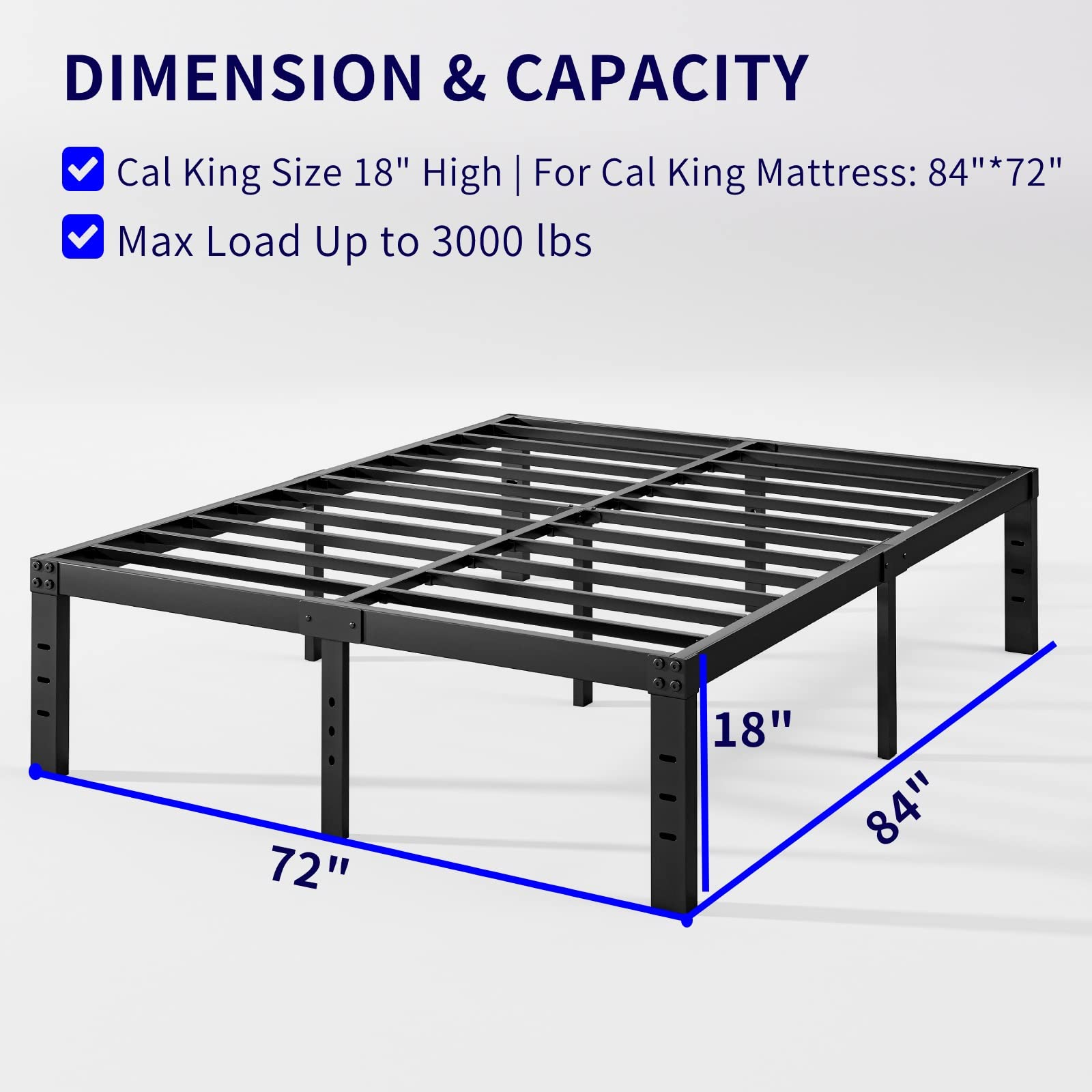 Neslime 18 Inch High California King Bed Frames No Box Spring Needed, Tall Heavy Duty Metal Platform Cal King Bed Frame for Heavy People with Steel Slat, Easy Assembly, Noise Free, Black