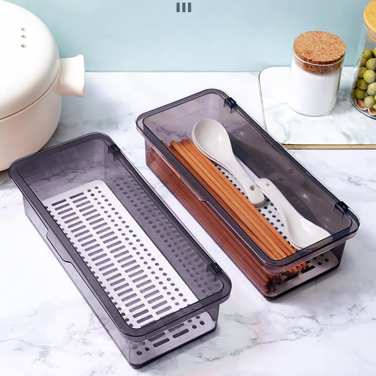 DOERDO Flatware Plastic Tray with Lid Kitchen Cutlery Tray and Utensil Storage Organizer Countertop Storage Container, Grey