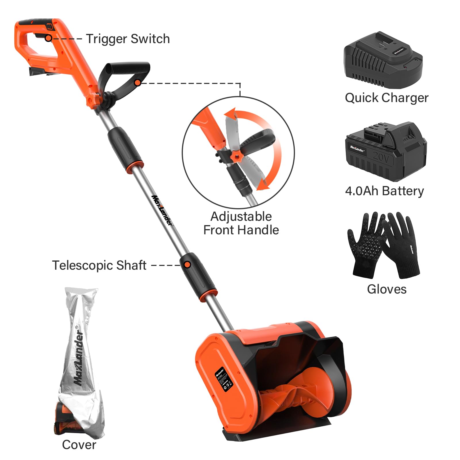 MAXLANDER Cordless Snow Shovel, 20V 11-Inch Electric Battery Snow Blower with Adjustable Handle (4.0Ah Battery, Charger and Cover Included)