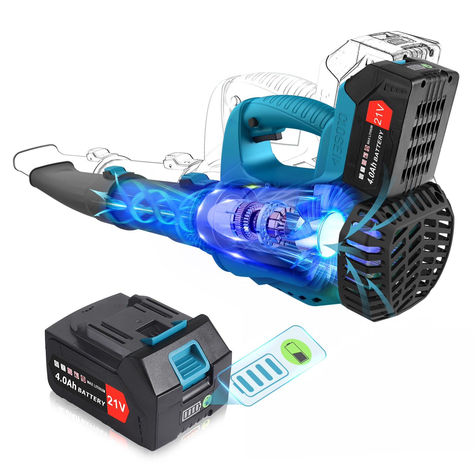 Cordless Leaf Blower Battery Powered 21V 4000mAh, 320 CFM 180 MPH Brushless Axial Electric Blower W/Battery and Charger, Turbo Fan 6 Variable Speed Leaf Blower for Lawn Care Patio Driveway Snow Dust