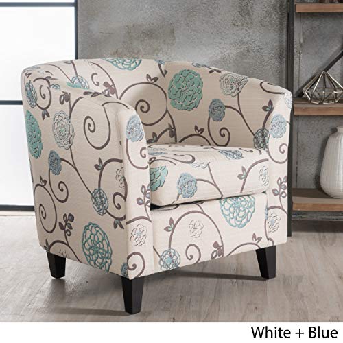 Christopher Knight Home Preston Fabric Club Chair, White/Blue & Ippolito Fabric Pillows, 2-Pcs Set, White and Blue Floral