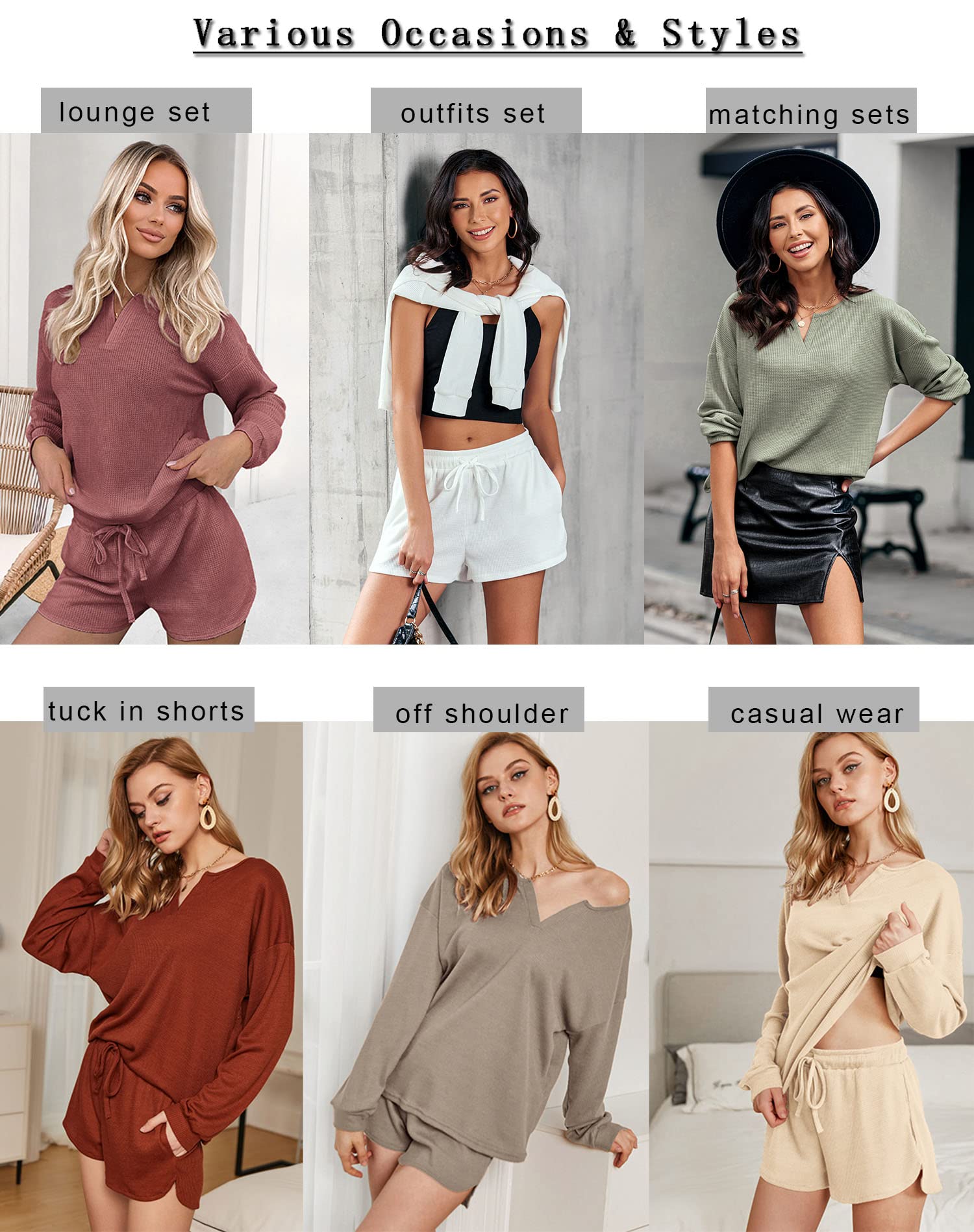 Ekouaer Lounge Sets for Women Waffle Knit Pajama Set Long Sleeve Top and Shorts Matching Loungewear S-XXL Rose
