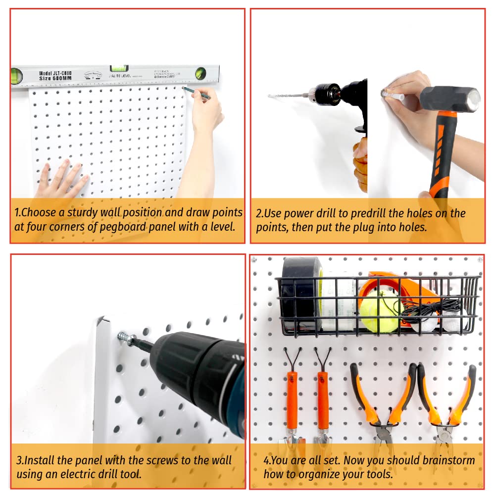 HUHOLE White Pegboard, Metal Pegboard Panels, 32-inch X 32-inch Metal Peg Board for Garage, Gaming, Craftroom, etc, 4PC