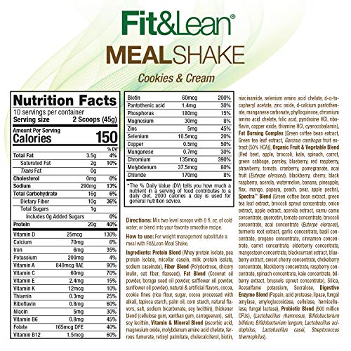 Fit & Lean Meal Shake Meal Replacement with Protein, Fiber, Probiotics and Organic Fruits & Vegetables, Cookies and Cream, 1lb, 10 Servings Per Container