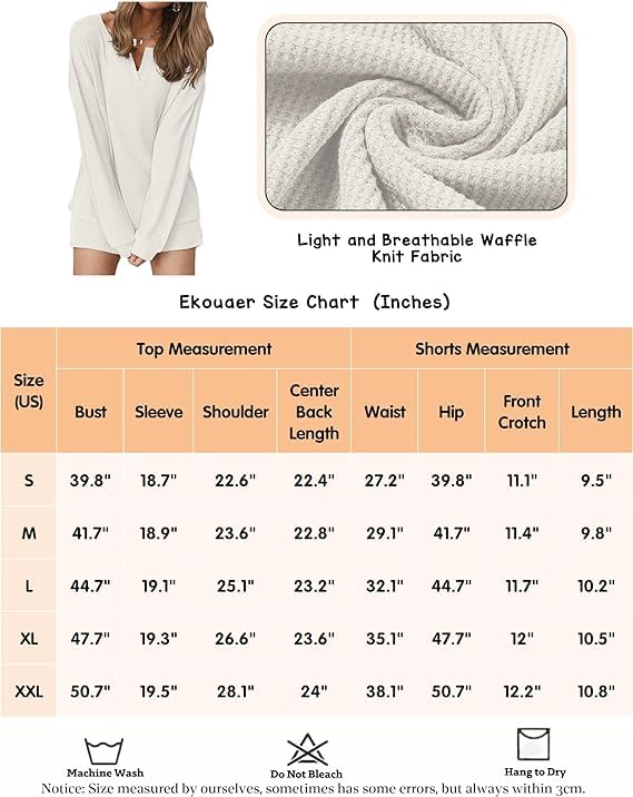 Ekouaer Lounge Sets for Women Waffle Knit Pajama Set Long Sleeve Top and Shorts Matching Loungewear S-XXL Rose