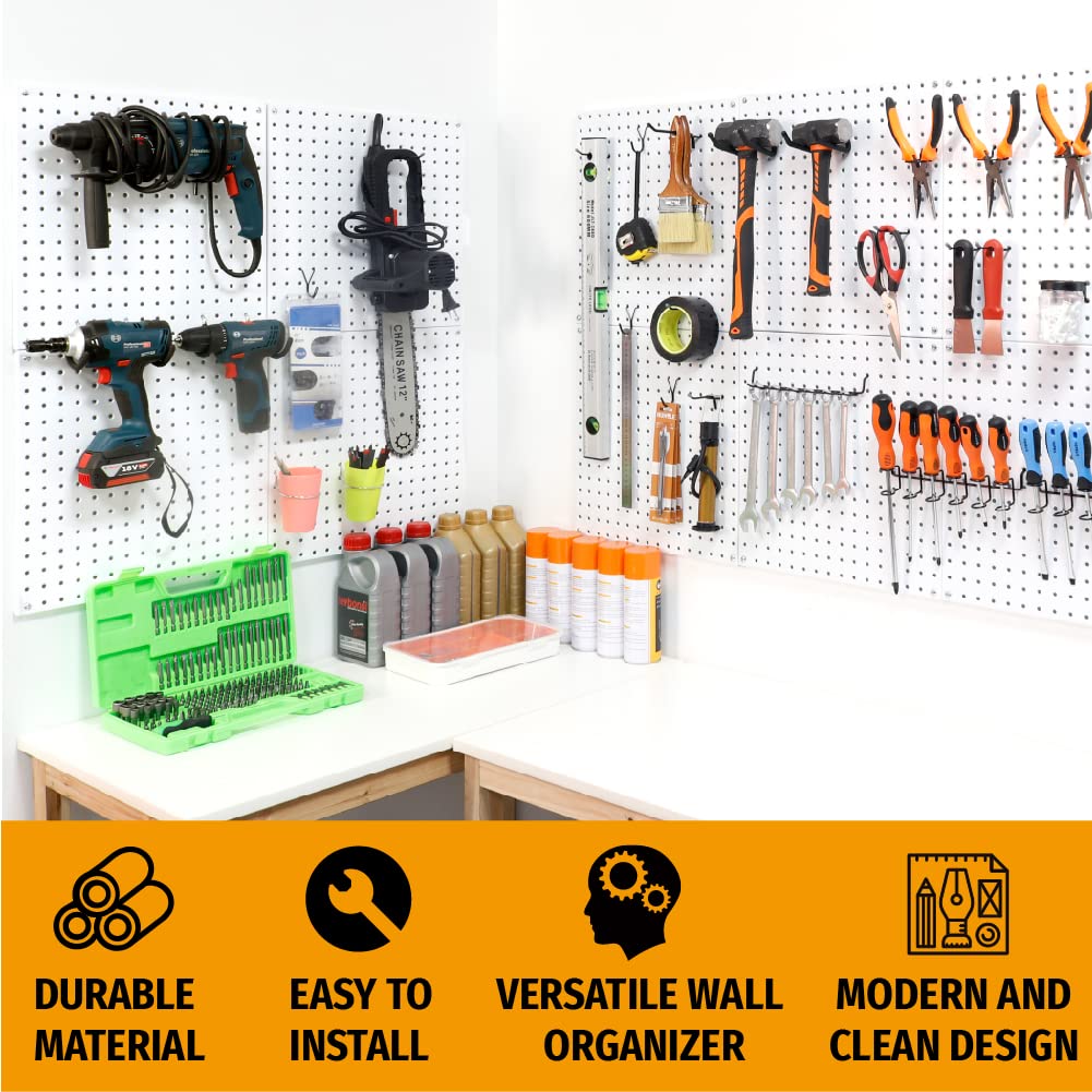 HUHOLE White Pegboard, Metal Pegboard Panels, 32-inch X 32-inch Metal Peg Board for Garage, Gaming, Craftroom, etc, 4PC