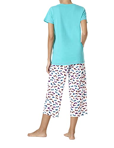 HUE Women's Printed Knit Short Sleeve Tee and Capri 2 Piece Pajama Set, Ceramic