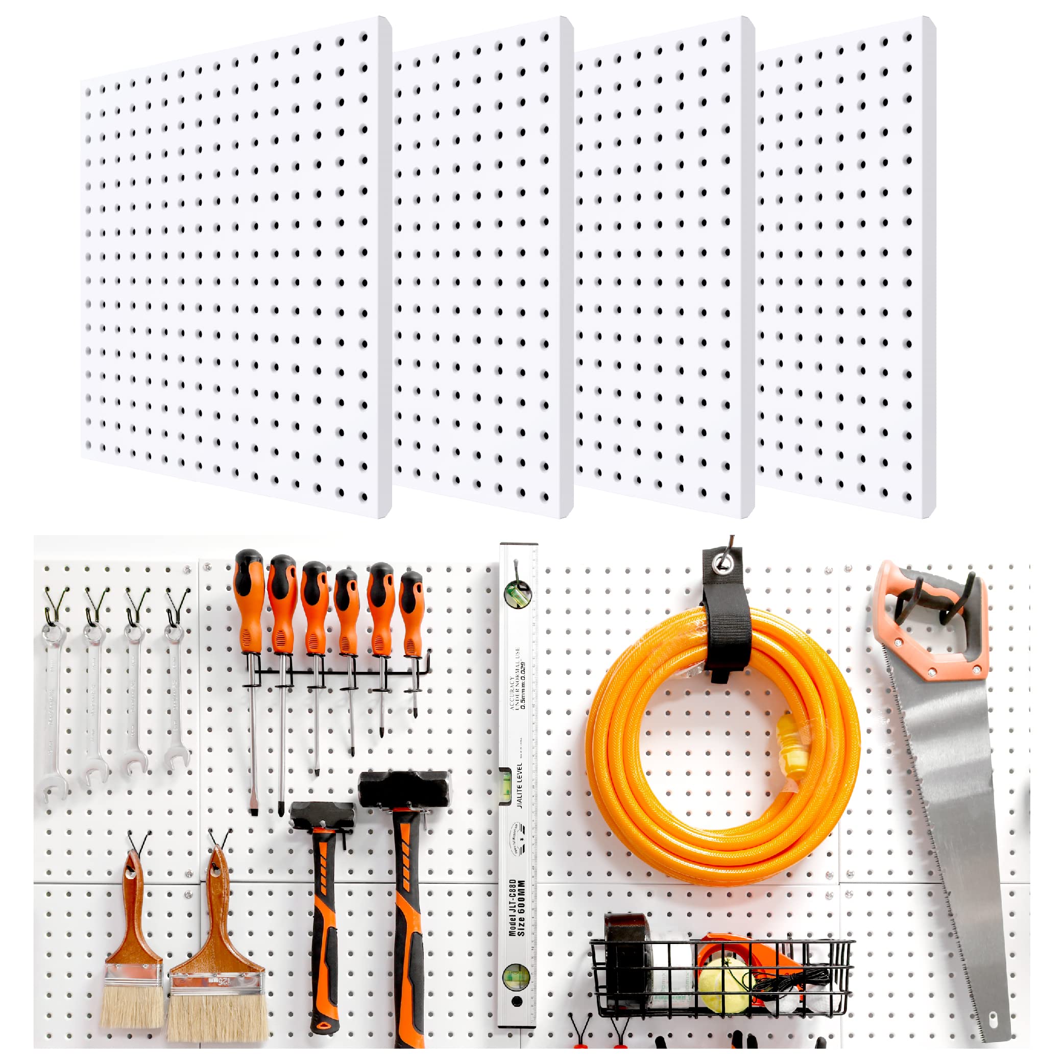 HUHOLE White Pegboard, Metal Pegboard Panels, 32-inch X 32-inch Metal Peg Board for Garage, Gaming, Craftroom, etc, 4PC