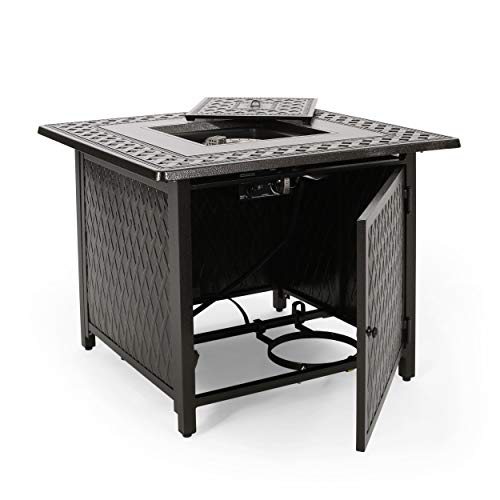 Christopher Knight Home Connie Outdoor 4 Seater Wicker Swivel Chair and Fire Pit Set, Mixed Brown + Navy Blue + Hammered Bronze