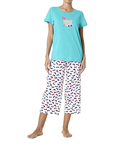 HUE Women's Printed Knit Short Sleeve Tee and Capri 2 Piece Pajama Set, Ceramic