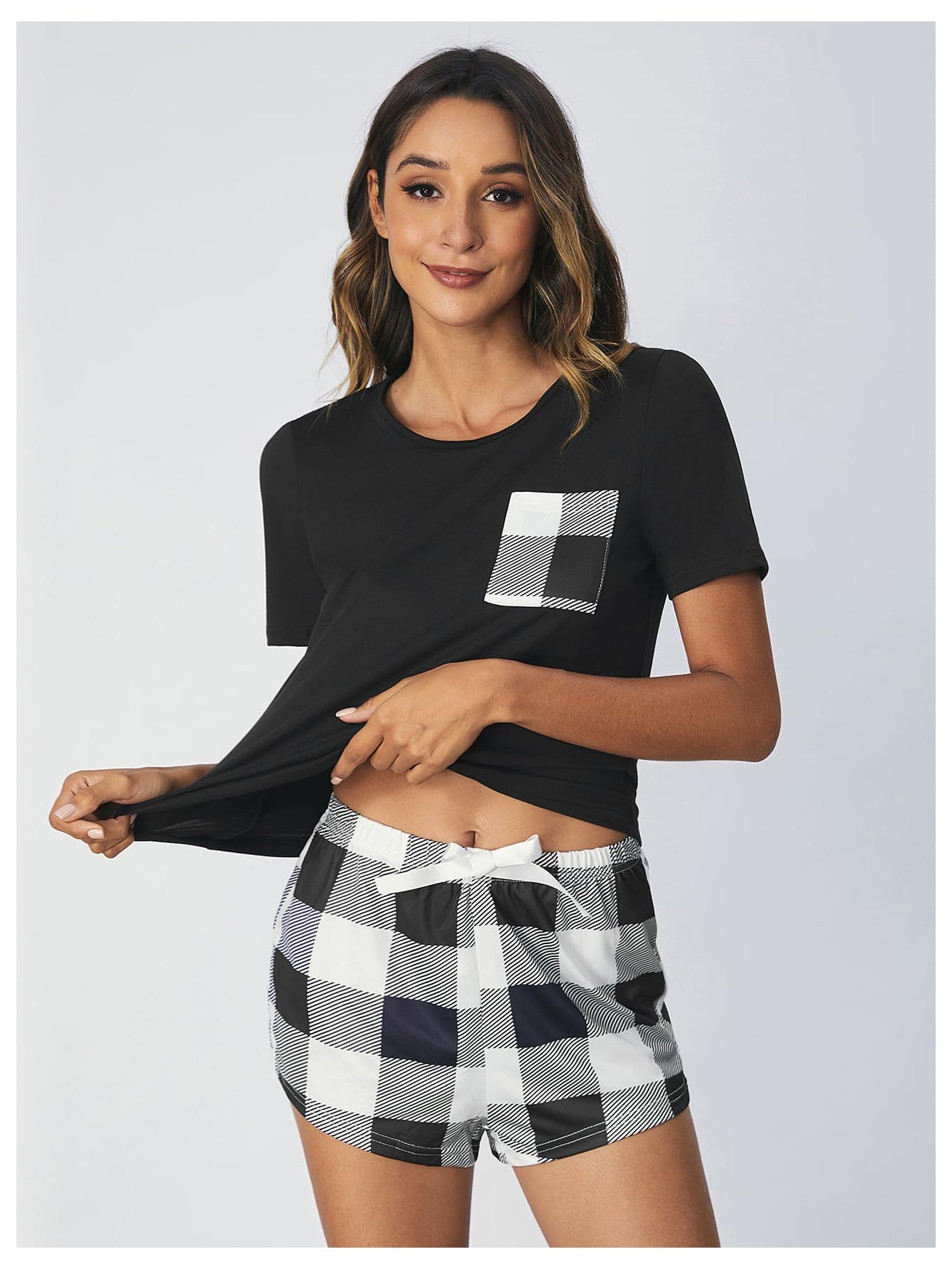 SOLY HUX Women's Short Sleeve Tee Top and Plaid Shorts Lounge Pajama Set Sleepwear Black White M