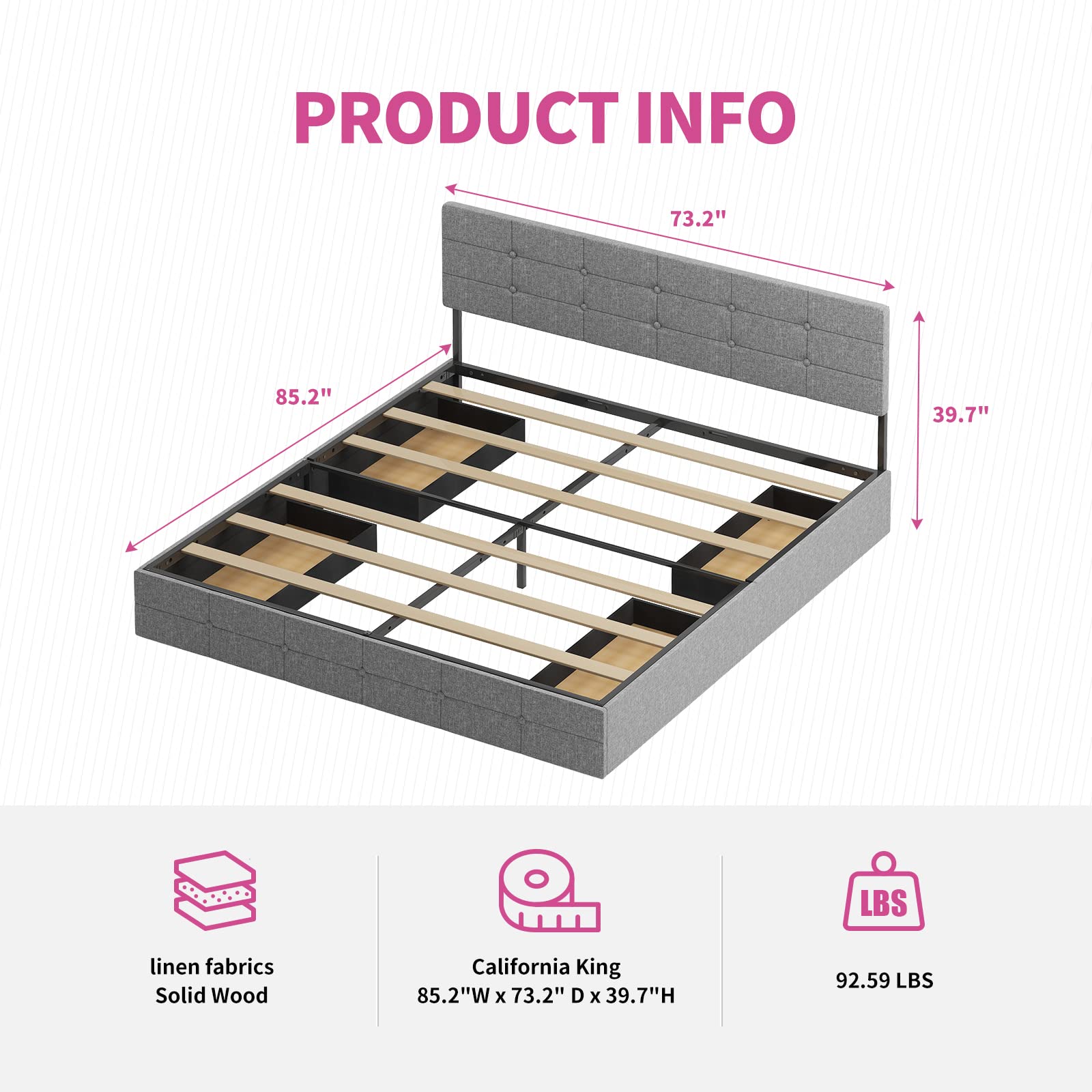 Mixoy Upholstered Platform Bed Frame with 4 Storage Drawers,Cal King Bed Frame with Square Button Tufted Adjustable Headboard, Wood Slat Support,No Box Spring Needed,No Mattress (Cal King,Dark Grey)