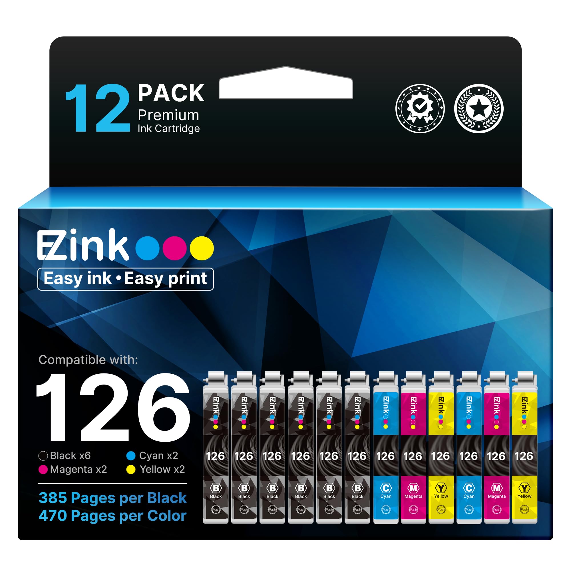 E-Z Ink (TM Remanufactured Ink Cartridge Replacement for Epson 126 T126 to use with Workforce 435 520 545 635 645 WF-3520 WF-3530 WF-3540 WF-7010 WF-7510 (6 Black,2 Cyan,2 Magenta,2 Yellow) 12 Pack
