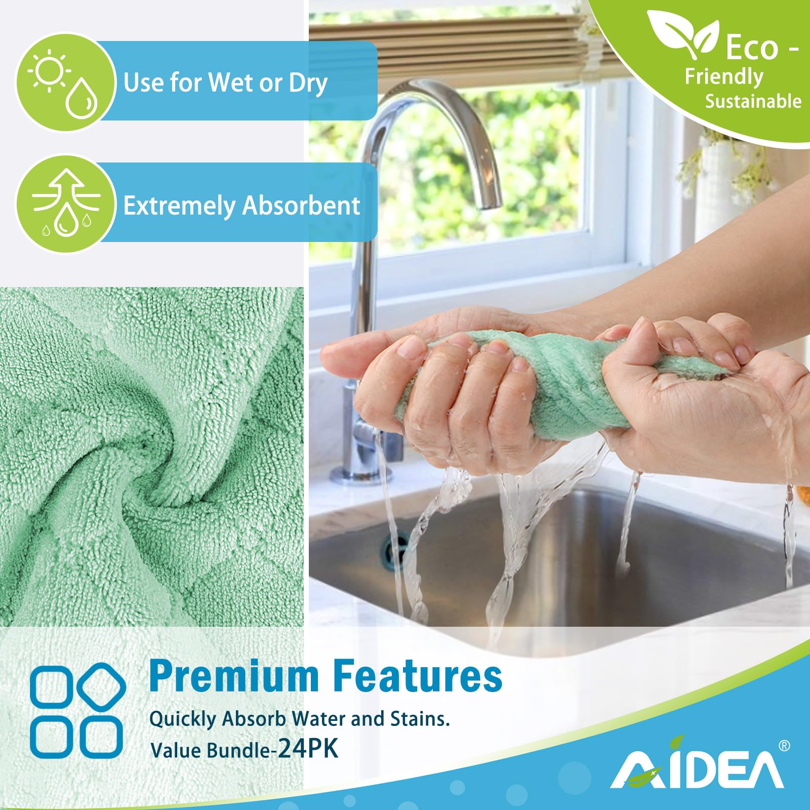 AIDEA Kitchen Dish Cloth - 12 Pack, Super Absorbent Coral Fleece Dish Cloths, No Odor Reusable Dish Cloth, Premium Microfiber Cleaning Cloths, Nonstick Oil Washable Fast Drying 6.3" x10.4"