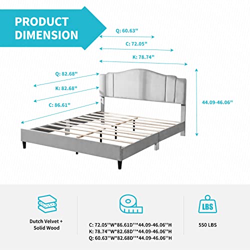 CECER Adjustable Headboard California-King Size Platform Bed Frame | Upholstered Bedframe with Headboard Covered in Dutch Velvet | Solid Wood Slat Support | Easy Assemble-Light Grey