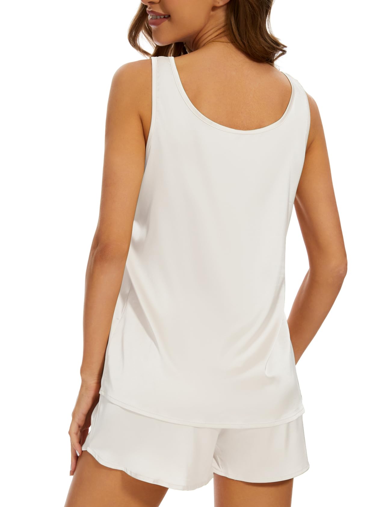 MOYEE Womens Silk Pajamas Set Satin Sleepwear Tank Tops and Loungewear Shorts Two Piece Pj Sets with Pockets(White, Large)